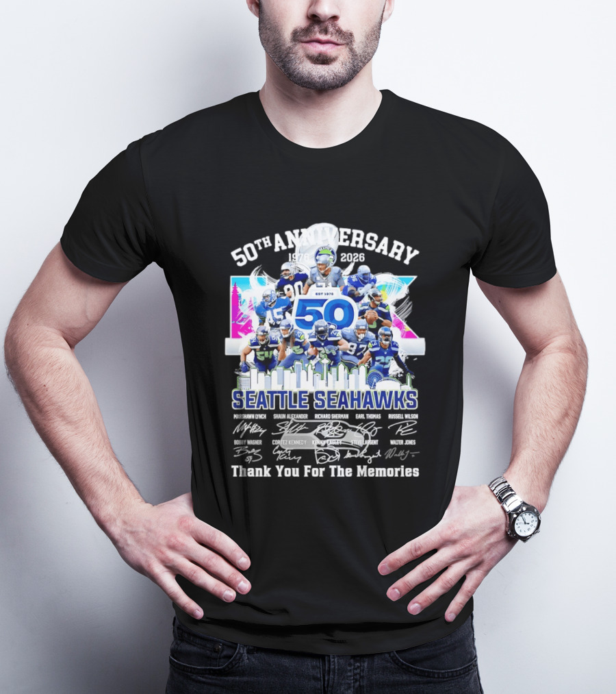 Seattle Seahawks 50th Anniversary Est 1976 Players City Skyline T-Shirt