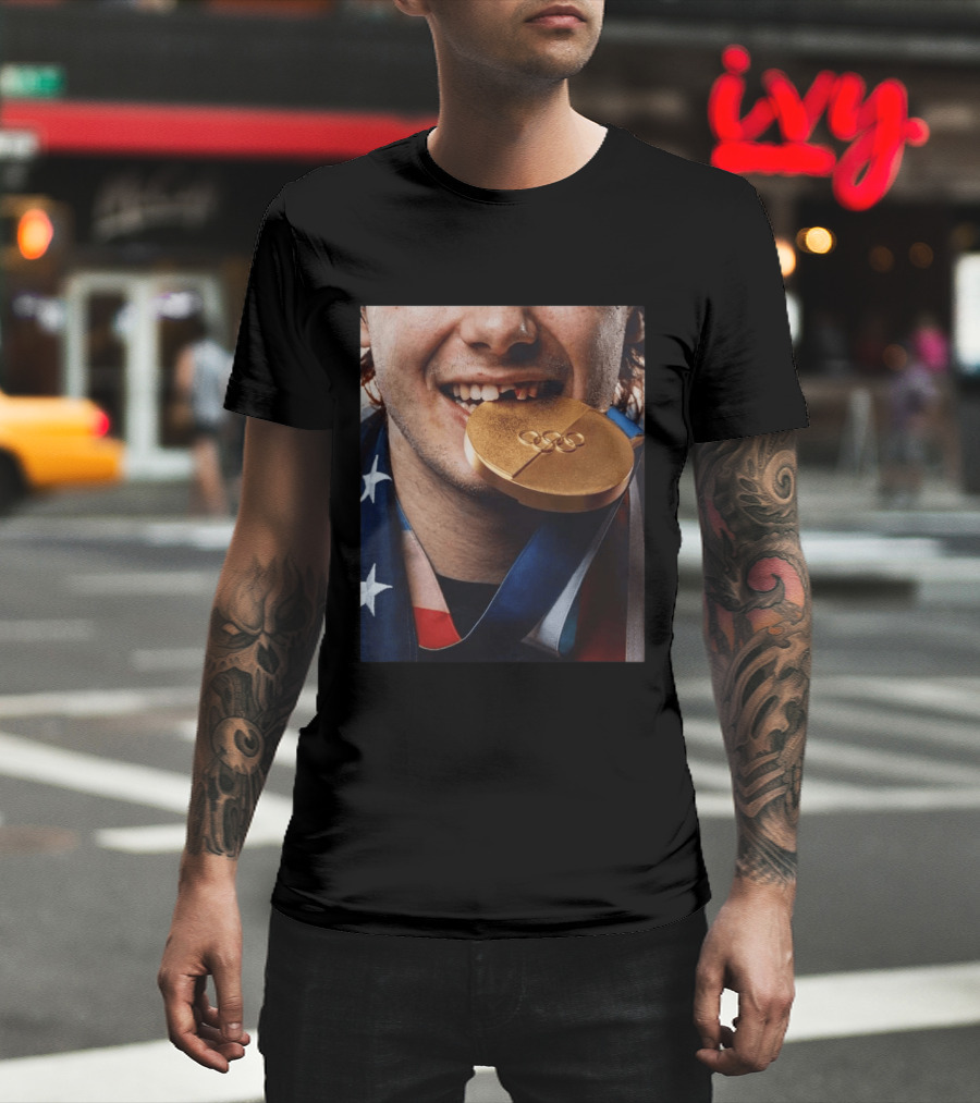 Jack Hughes Olympic Triumph 2026 USA Hockey Shattered Smile Golden Medal T-Shirt
