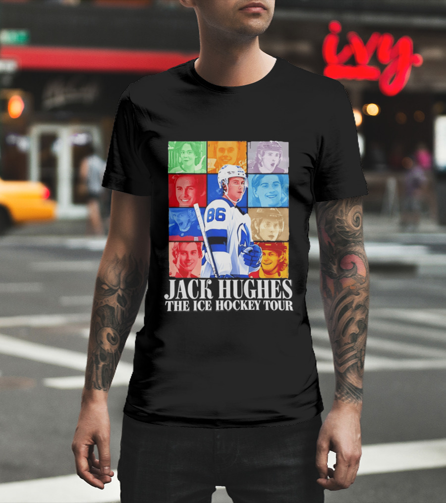 Jack Hughes 86 The Ice Hockey Tour Colorful Portrait Compilation T-Shirt