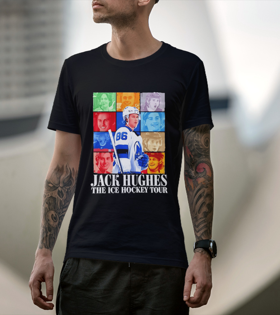 Jack Hughes 86 The Ice Hockey Tour Colorful Portrait Compilation T-Shirt