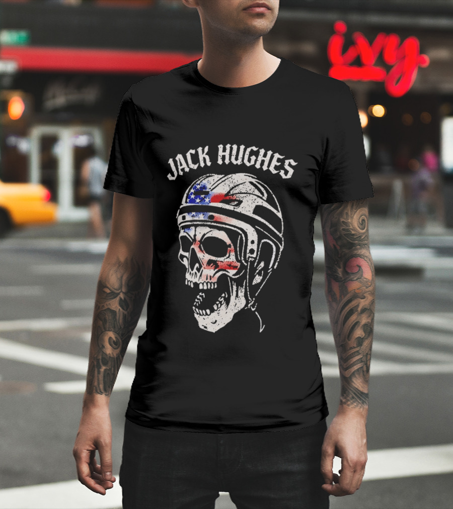Jack Hughes USA Flag Skull Hockey Helmet T-Shirt