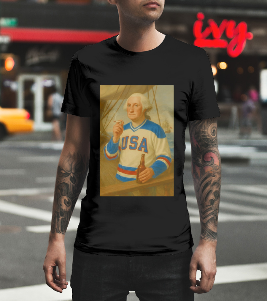 USA Hockey Jersey Wearing George Washington Smoking Holding Beer T-Shirt