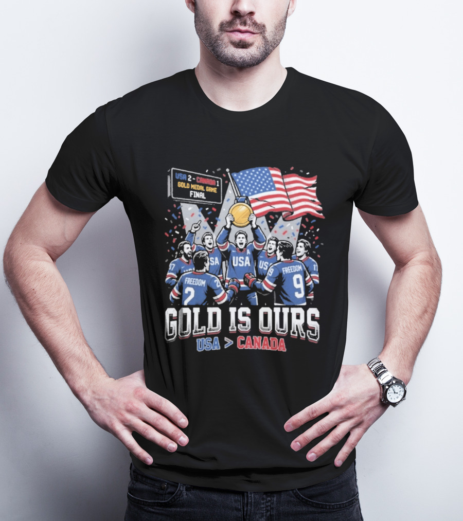 USA Hockey Victory Celebration Gold Medal Game USA Over Canada T-Shirt