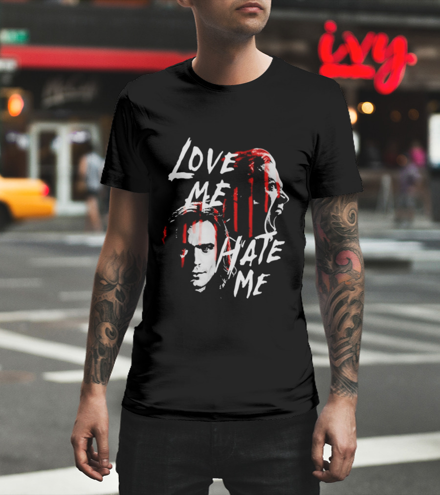 Love Me Hate Me White Text Red Brush Strokes Faces T-Shirt