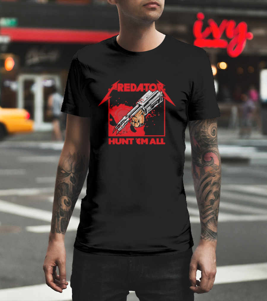 Hunt 'Em All With Iconic Predato Red Text And Weaponry T-Shirt