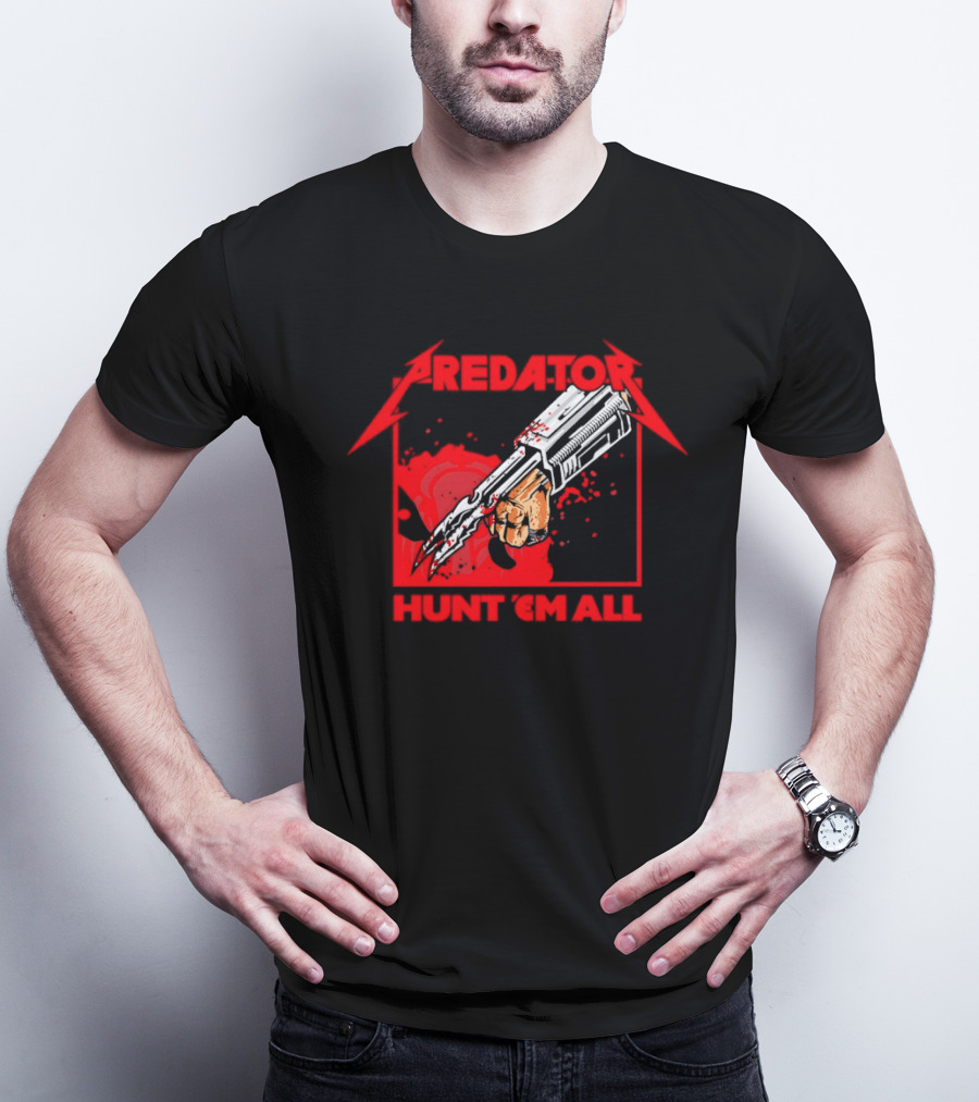 Hunt 'Em All With Iconic Predato Red Text And Weaponry T-Shirt