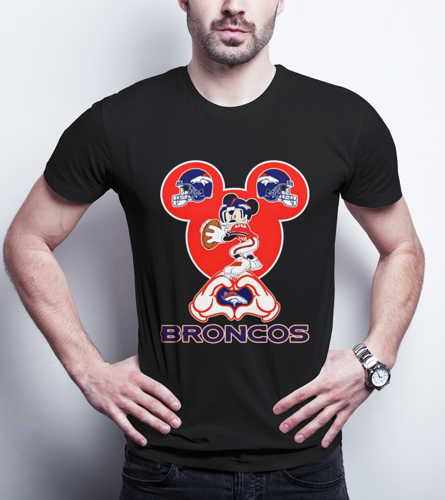 Denver Broncos Mickey Mouse Heart Hands Football Fan T-Shirt