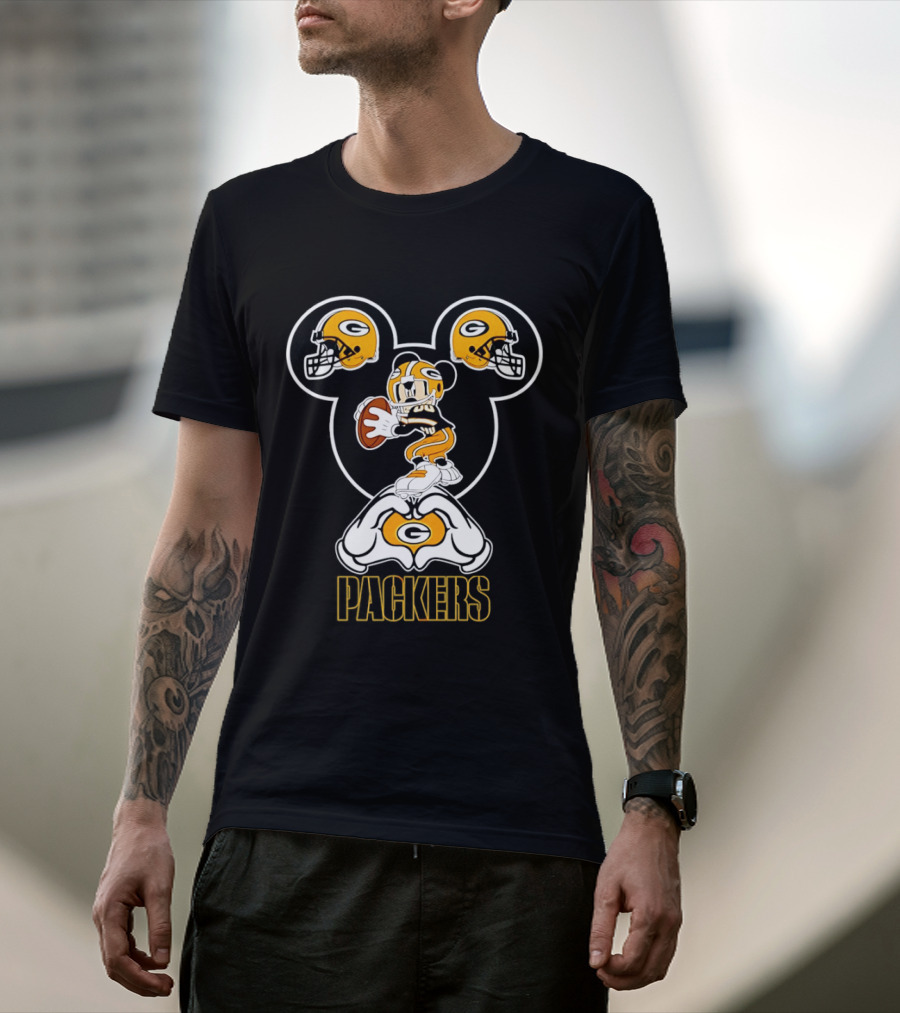 Packers Mickey Mouse Heart Hands Football Helmet T-Shirt