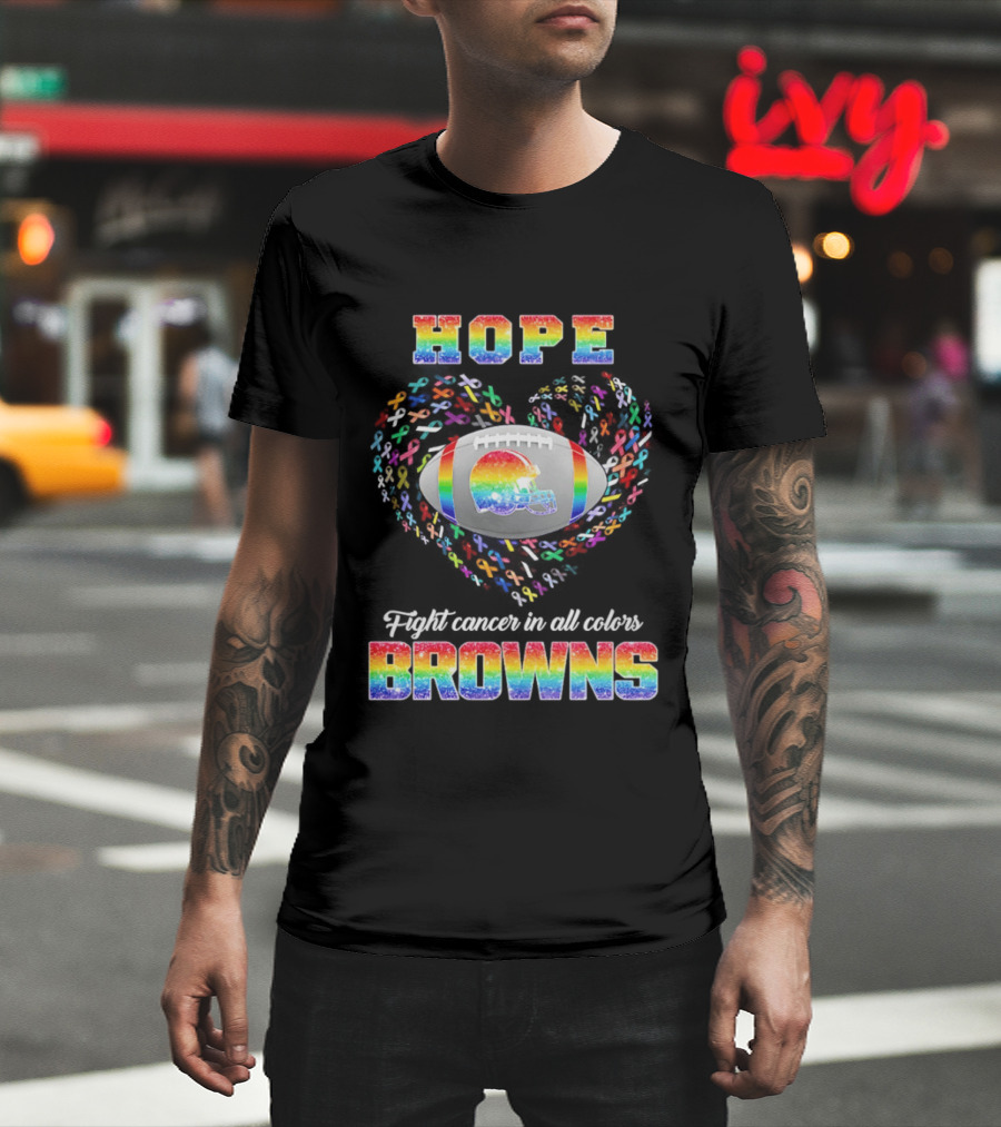 Hope Fight Cancer Cleveland Browns Rainbow Football Heart T-Shirt
