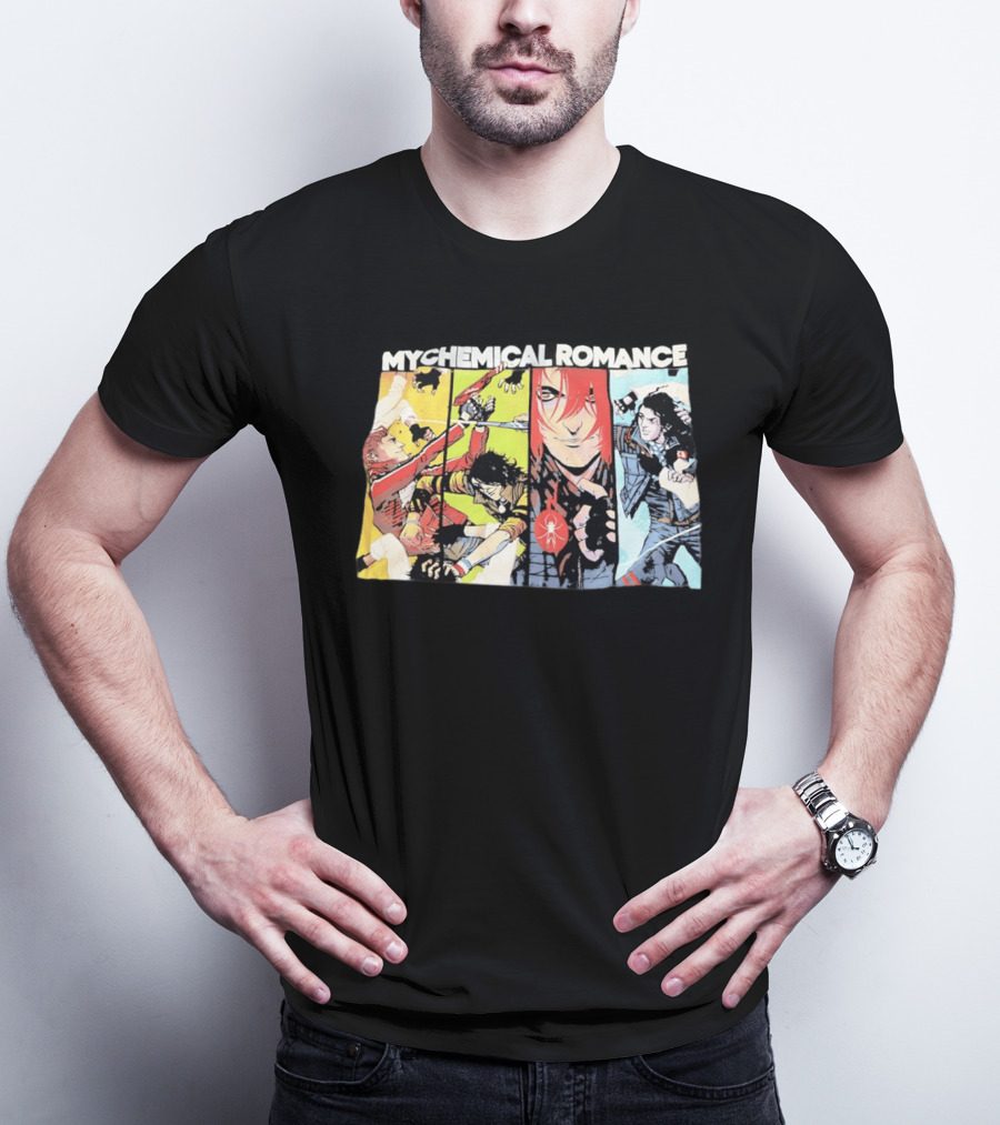 My Chemical Romance Comic Book Characters And Spider Symbol Vibrant Panel T-Shirt
