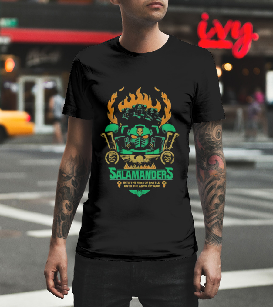 Salamanders Warhammer Into The Fires Of Battle Unto The Anvil Of War Flames And Skulls T-Shirt