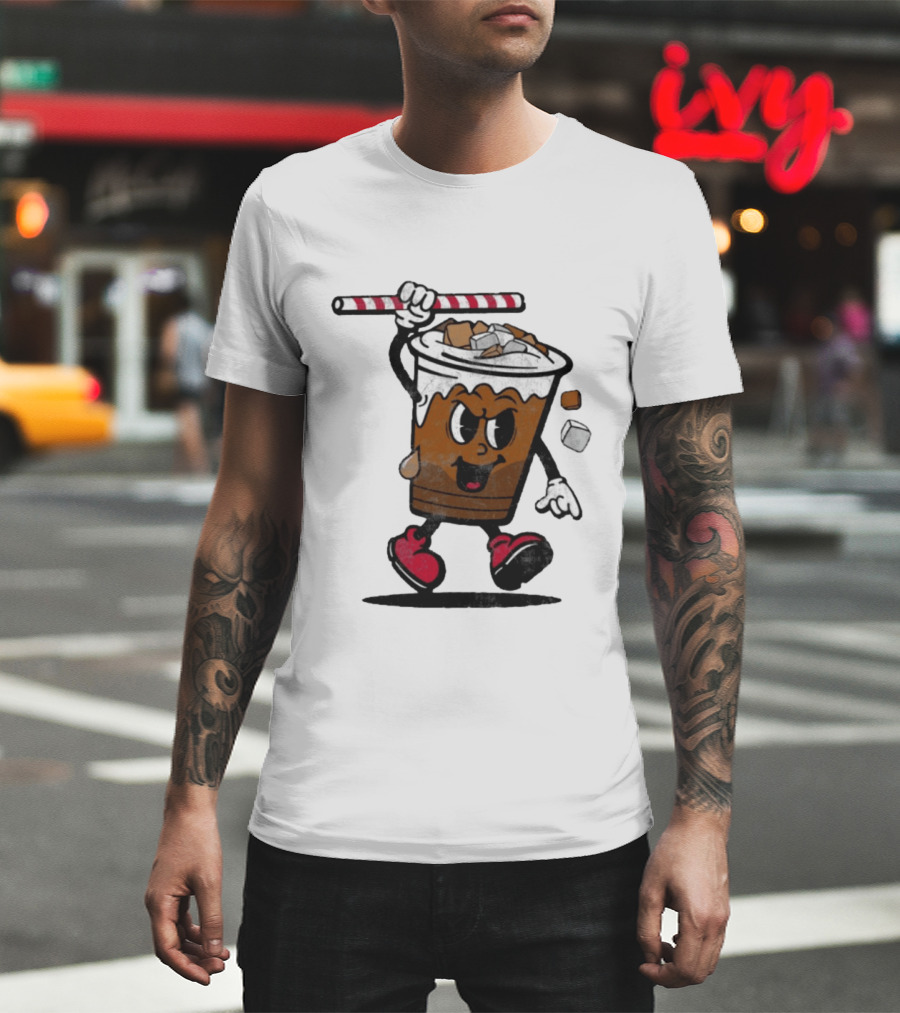 Reading Iced Coffees Cartoon Cup Character Fun T-Shirt
