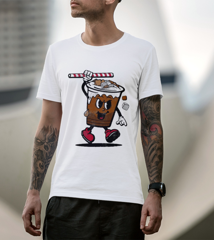 Reading Iced Coffees Cartoon Cup Character Fun T-Shirt