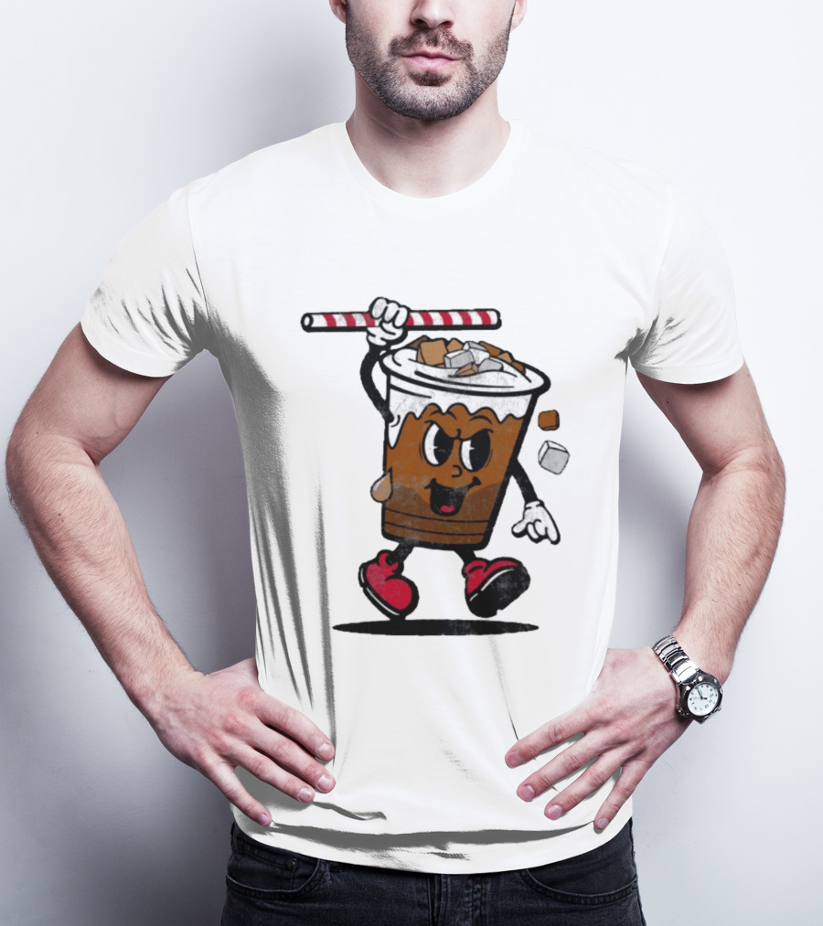 Reading Iced Coffees Cartoon Cup Character Fun T-Shirt