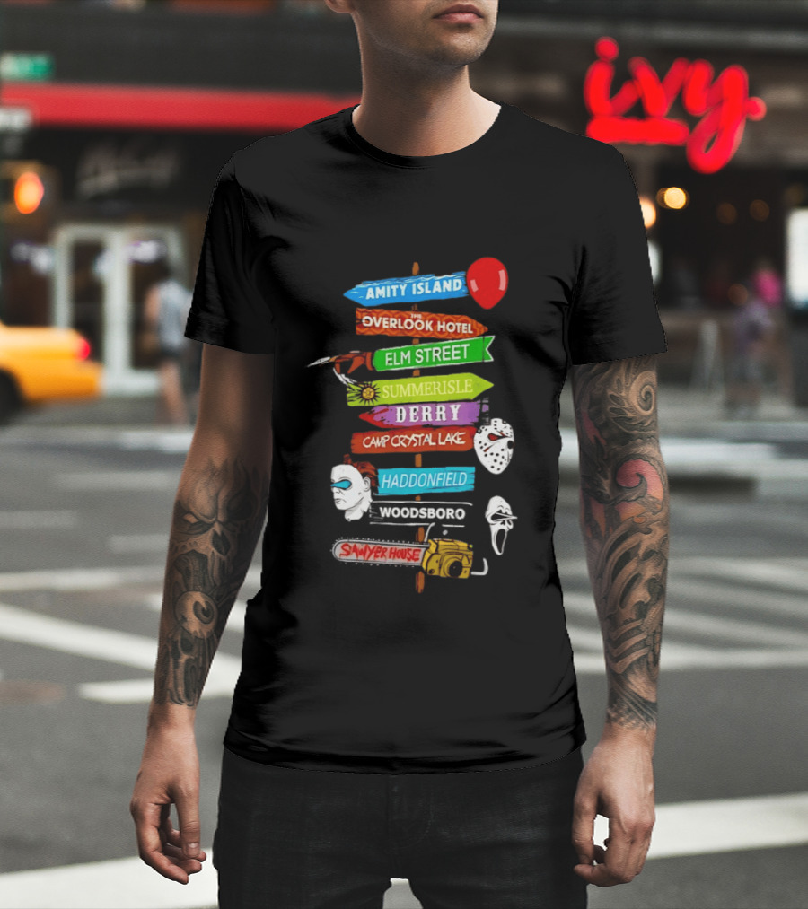Amity Island Overlook Hotel Elm Street Summerisle Derry Camp Crystal Lake Haddonfield Woodsboro Sawyer House Horror Locations T-Shirt