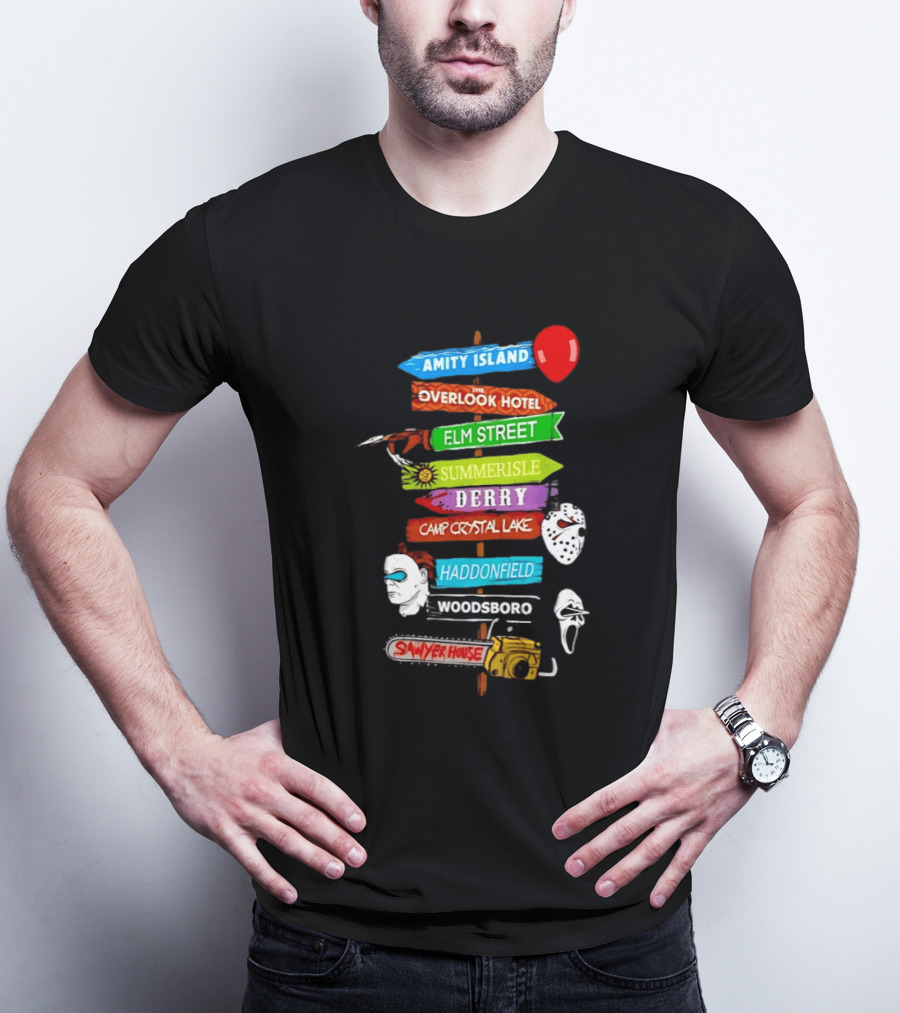 Amity Island Overlook Hotel Elm Street Summerisle Derry Camp Crystal Lake Haddonfield Woodsboro Sawyer House Horror Locations T-Shirt