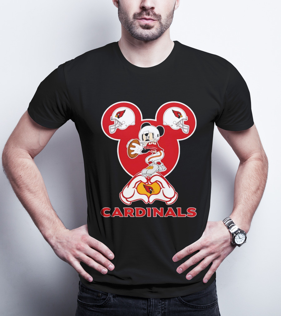 Arizona Cardinals Mickey Mouse Heart Hands Football Helmets T-Shirt