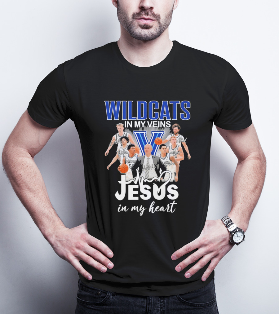 Wildcats In My Veins Jesus In My Heart Villanova Basketball Team Coach Kevin Willard T-Shirt