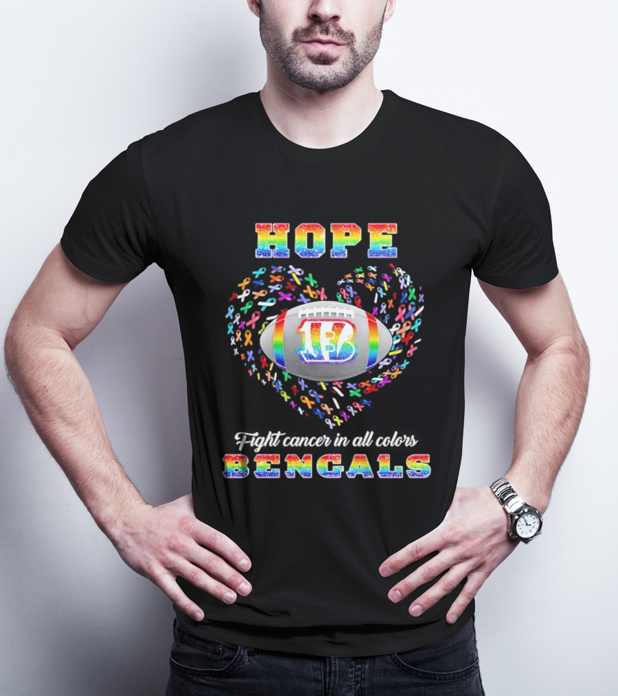 HOPE Bengals Ribbon Heart Cincinnati Fight Cancer Rainbow T-Shirt