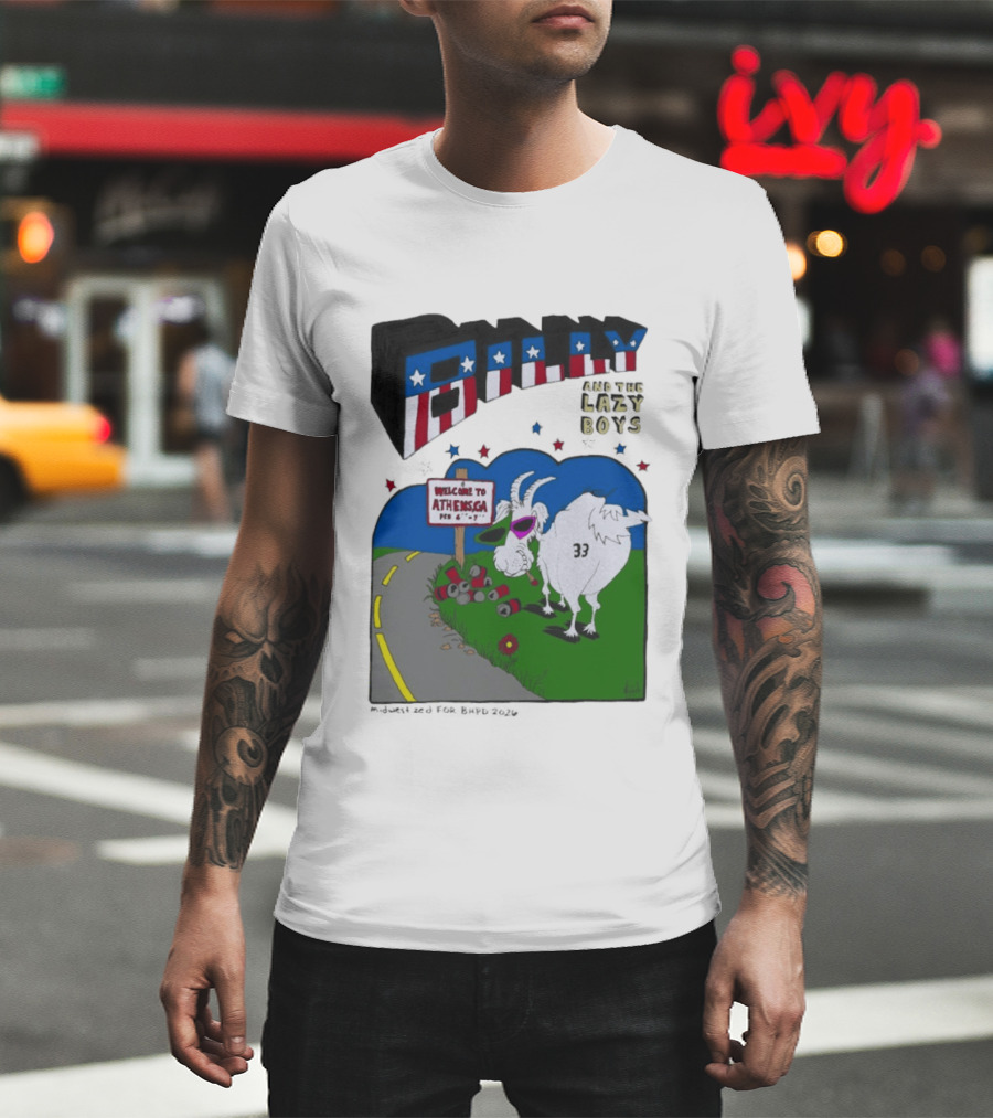 Billy And The Lazy Boys Athens GA Goat With Sunglasses Number 33 Welcome To Athens Sign T-Shirt