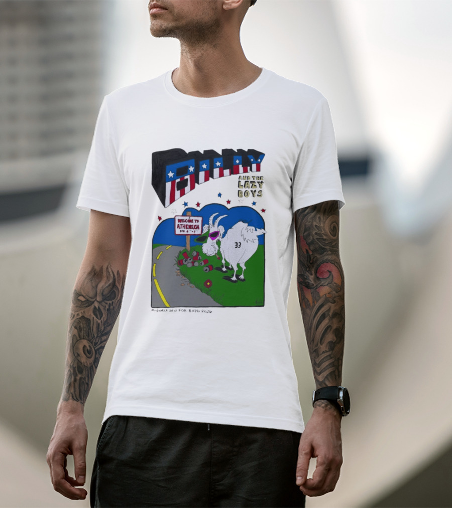 Billy And The Lazy Boys Athens GA Goat With Sunglasses Number 33 Welcome To Athens Sign T-Shirt