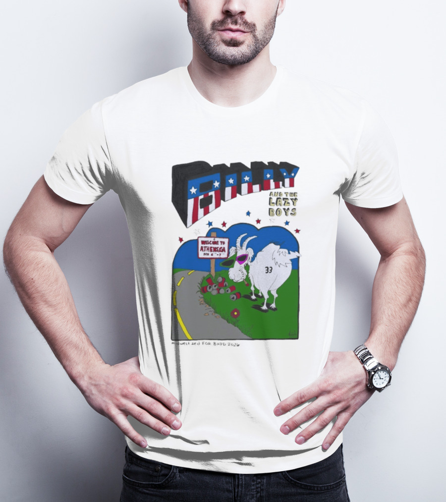 Billy And The Lazy Boys Athens GA Goat With Sunglasses Number 33 Welcome To Athens Sign T-Shirt