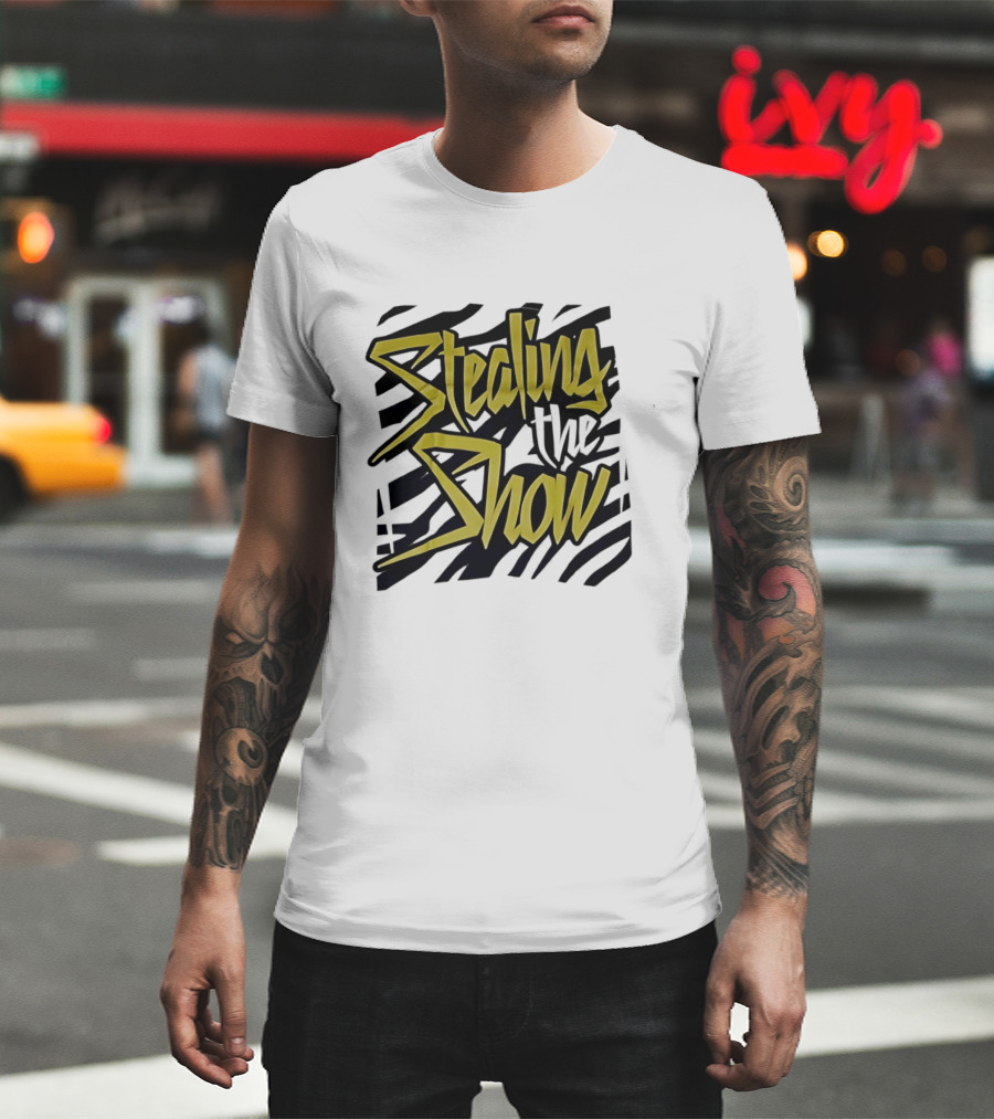 Stealing The Show Bold Graffiti Style Text On Striped T-Shirt