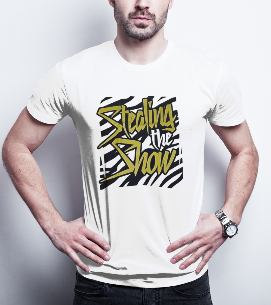 Stealing The Show Bold Graffiti Style Text On Striped T-Shirt