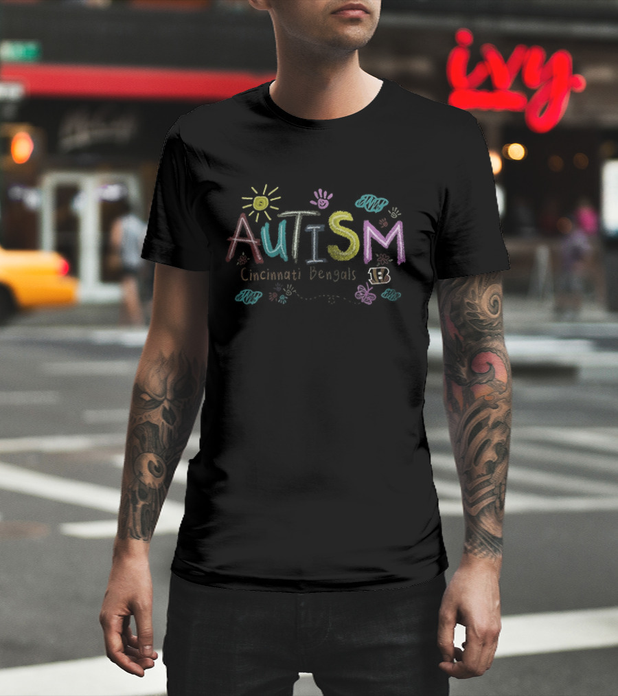 Cincinnati Bengals Autism Awareness Teach Love Hope Sun Handprints Clouds T-Shirt