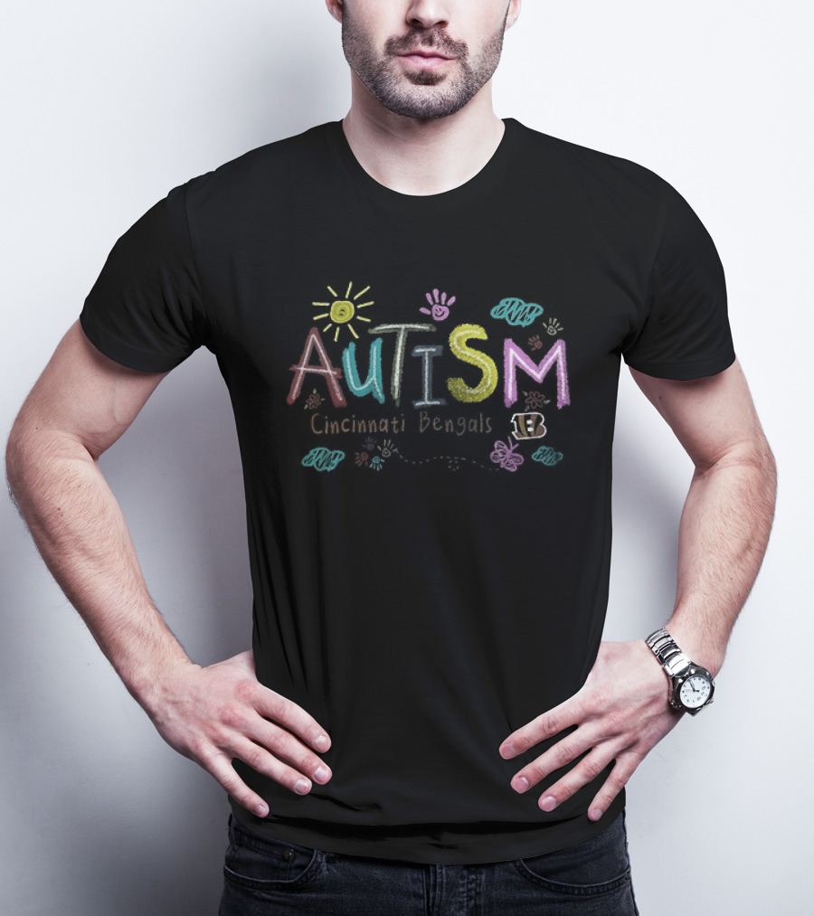 Cincinnati Bengals Autism Awareness Teach Love Hope Sun Handprints Clouds T-Shirt