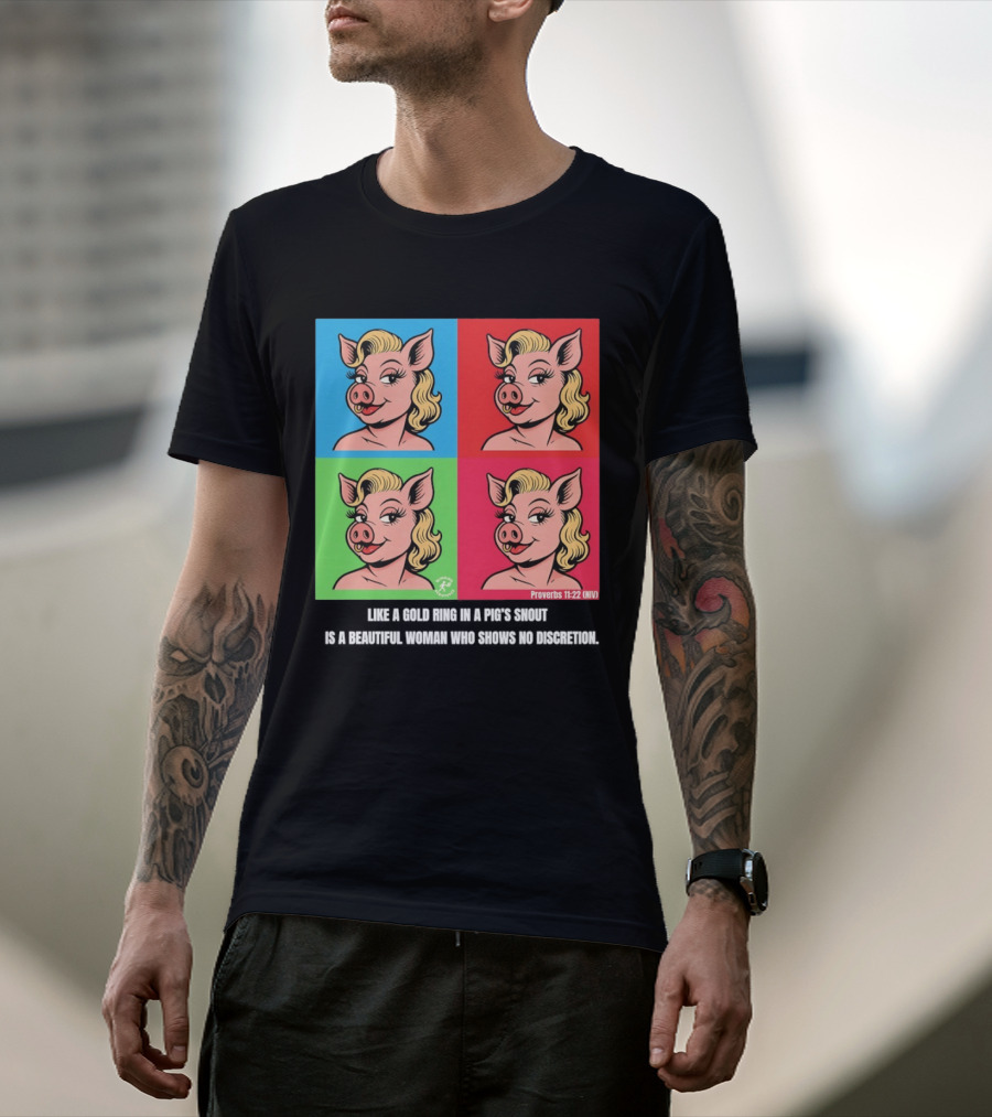 Proverbs 11:22 NIV Pig Pop Art Style Blonde Pig Panels T-Shirt
