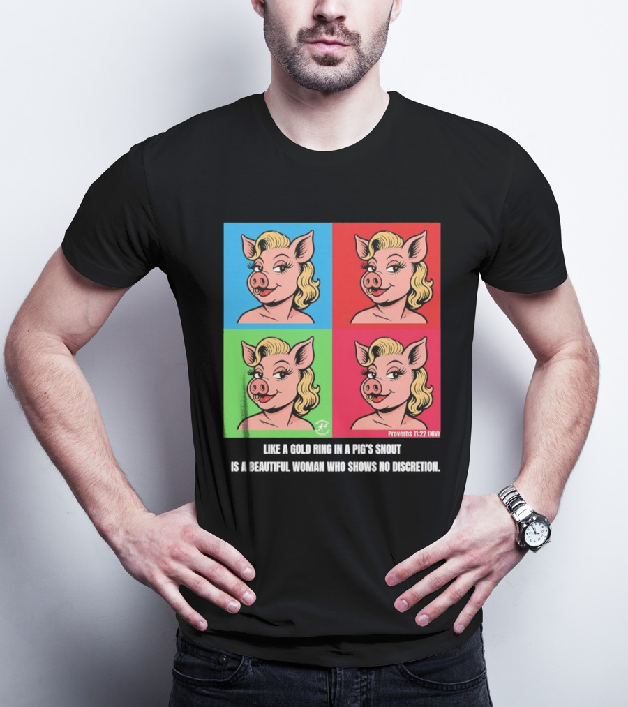 Proverbs 11:22 NIV Pig Pop Art Style Blonde Pig Panels T-Shirt