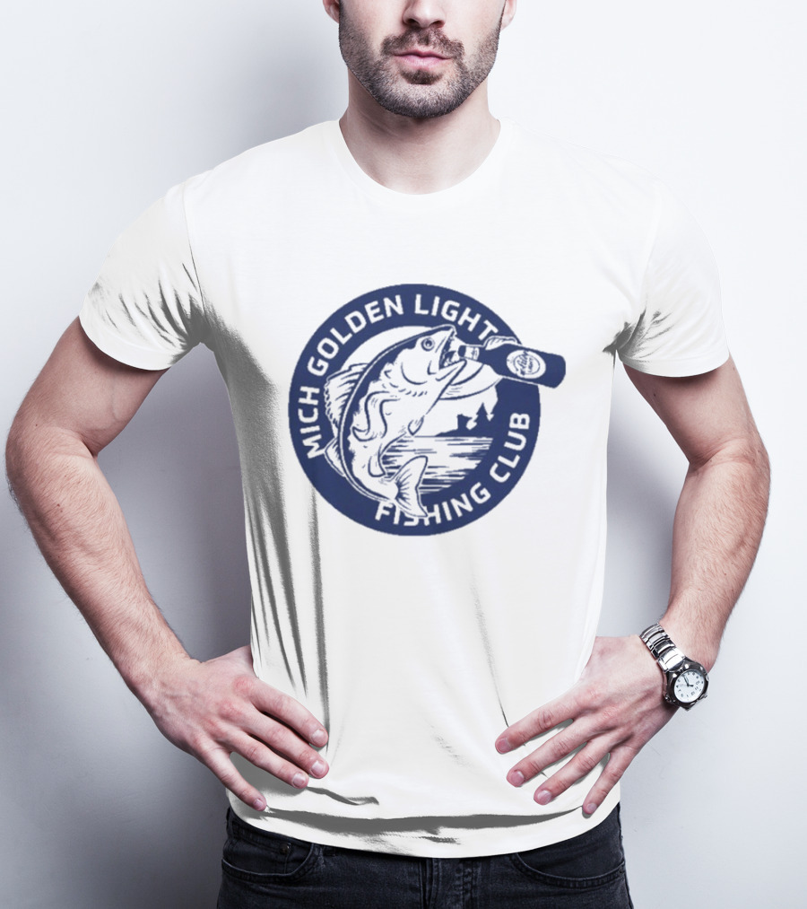 Mich Golden Light Fishing Club Logo With Fish And Bottle T-Shirt