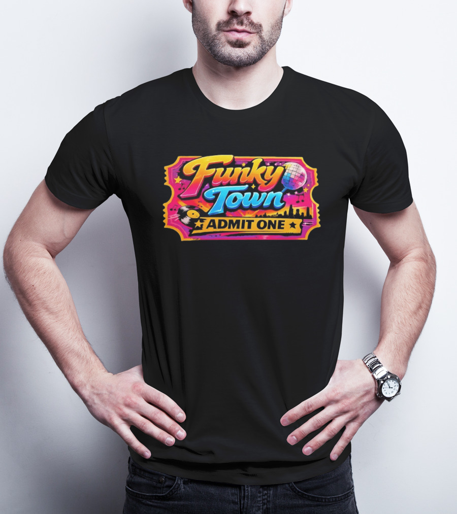 Funky Town Admit One Disco Ticket Skyline Vinyl Record T-Shirt