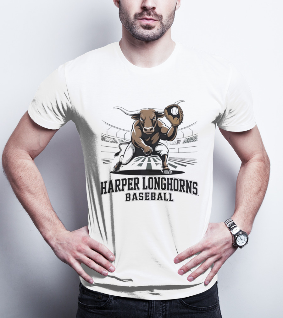Harper Longhorns Baseball Fierce Bull Mascot Stadium Scene T-Shirt