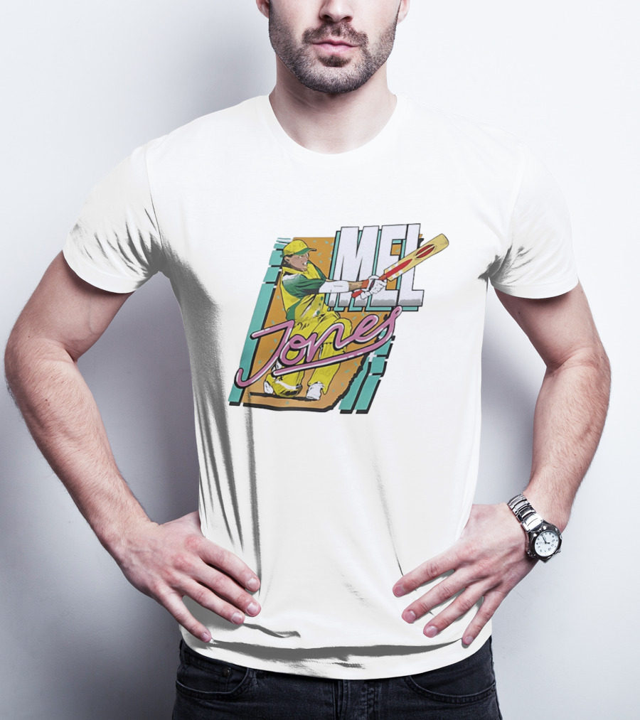 Mel Jones Cricket Caricature Batting Legend In Green And Gold T-Shirt
