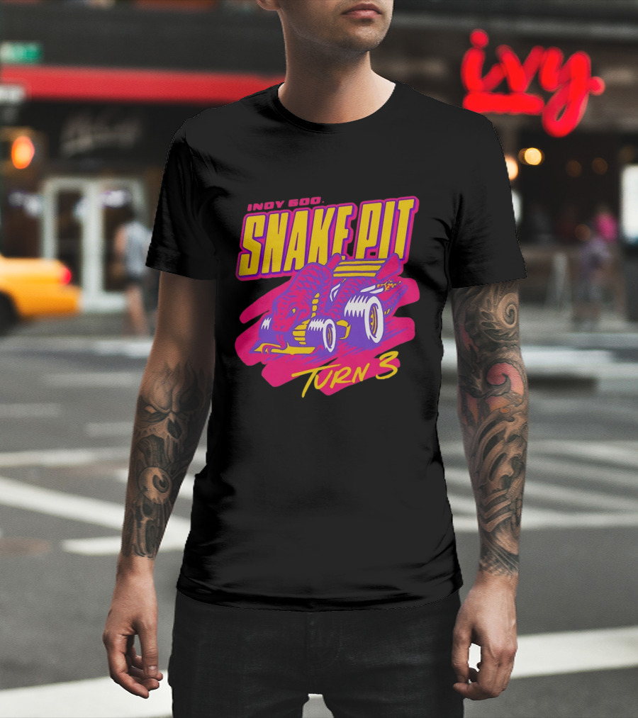 Indy 500 Snake Pit Turn 3 Racing Car With Snake T-Shirt