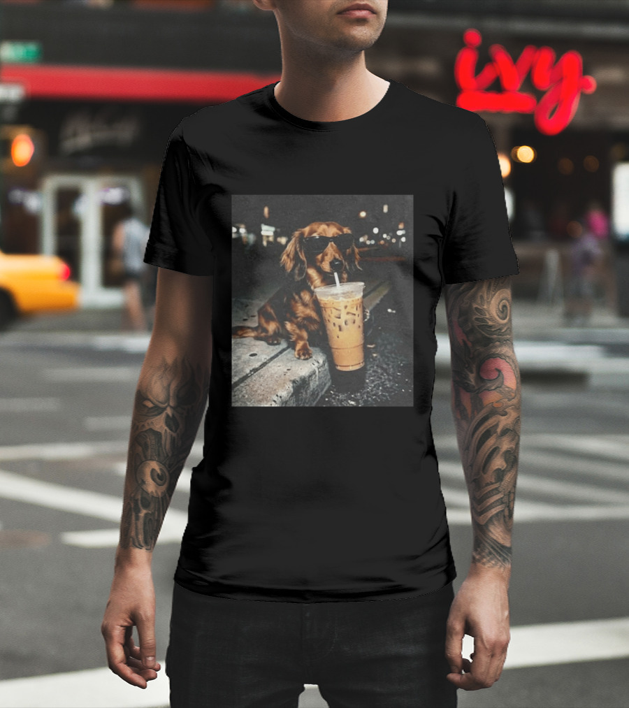Dachshund Enjoying Iced Coffee With Sunglasses T-Shirt