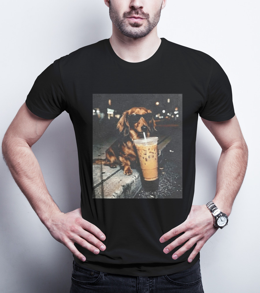 Dachshund Enjoying Iced Coffee With Sunglasses T-Shirt