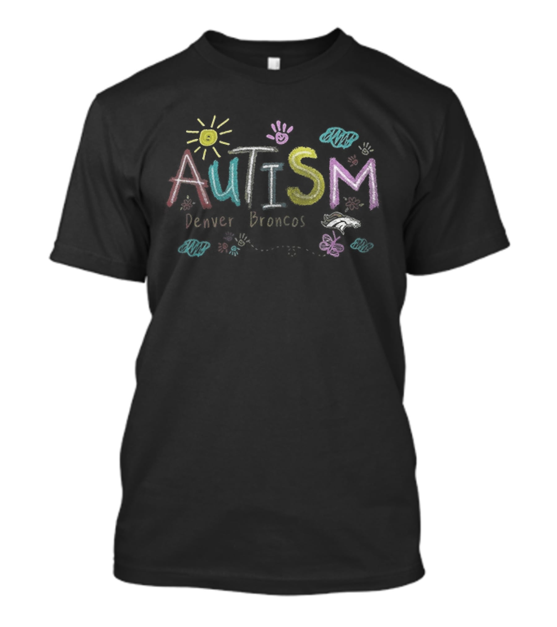 Denver Broncos Teach Love Hope Autism Awareness Teacher Colorful Hand Drawn T-Shirt
