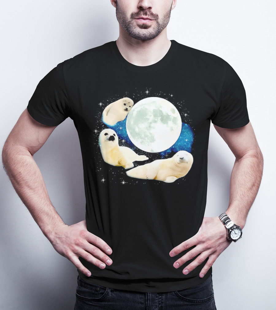 Adorable Seals Playfully Resting Under A Radiant Full Moonlit Sky With Cosmic Backdrop T-Shirt