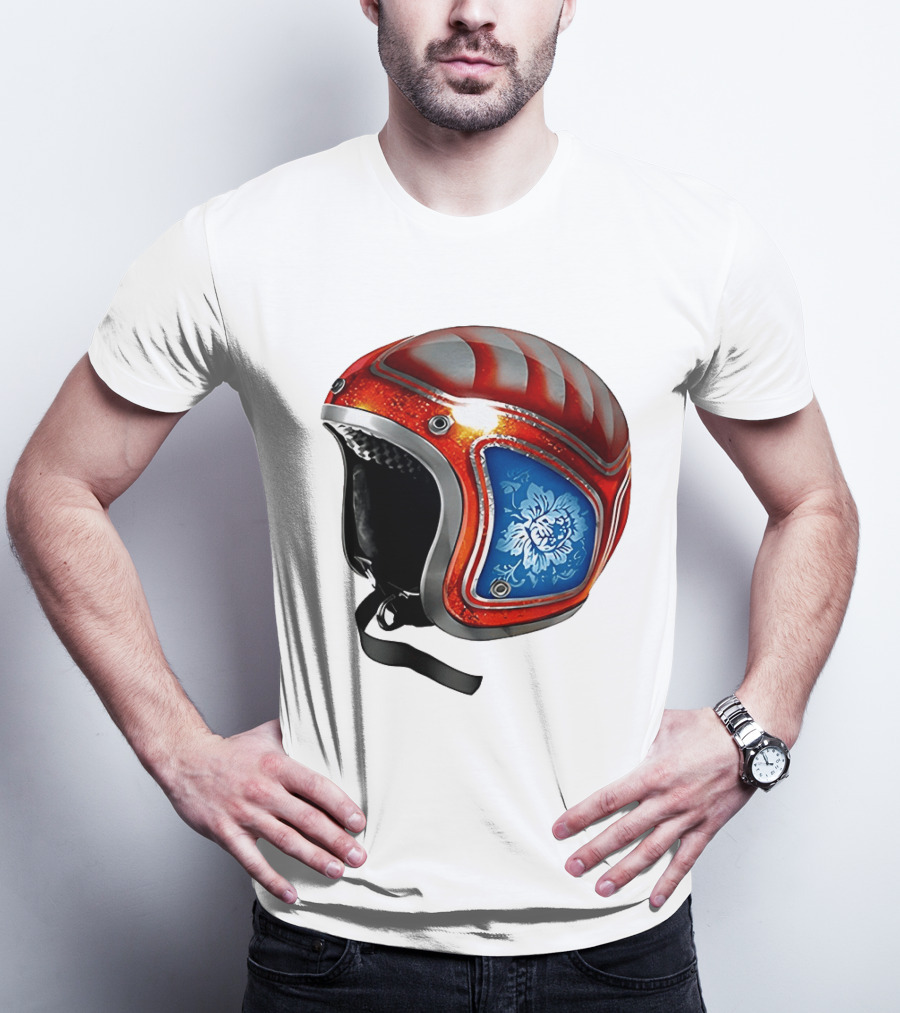 Blue Bloom Racer Helmet Red White Stripes Floral Blossom T-Shirt