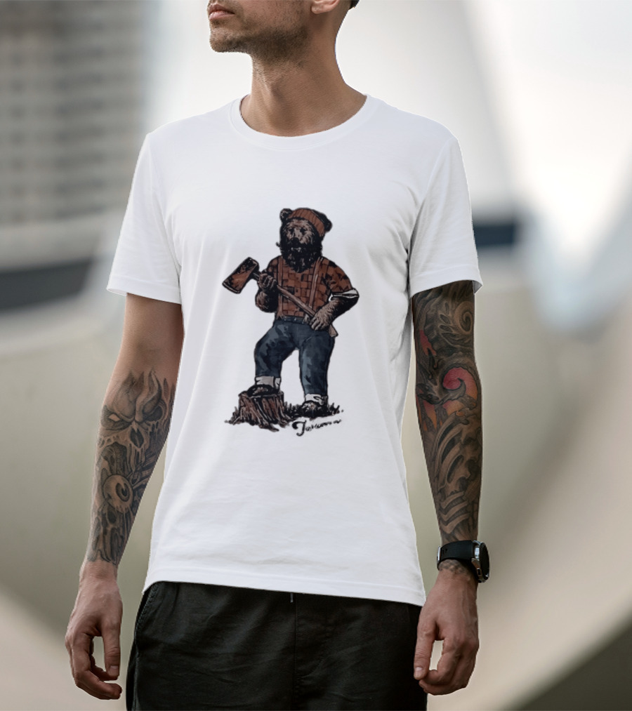 Lumberjack Bear Holding Axe Plaid Denim Jeans Beanie T-Shirt