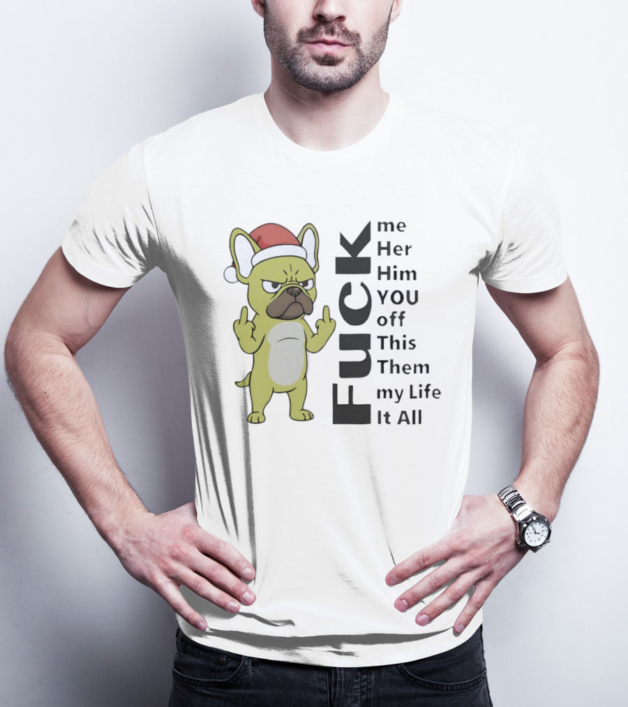 Pug Dog Middle Finger Santa Hat Funny Rude Holiday Expression T-Shirt