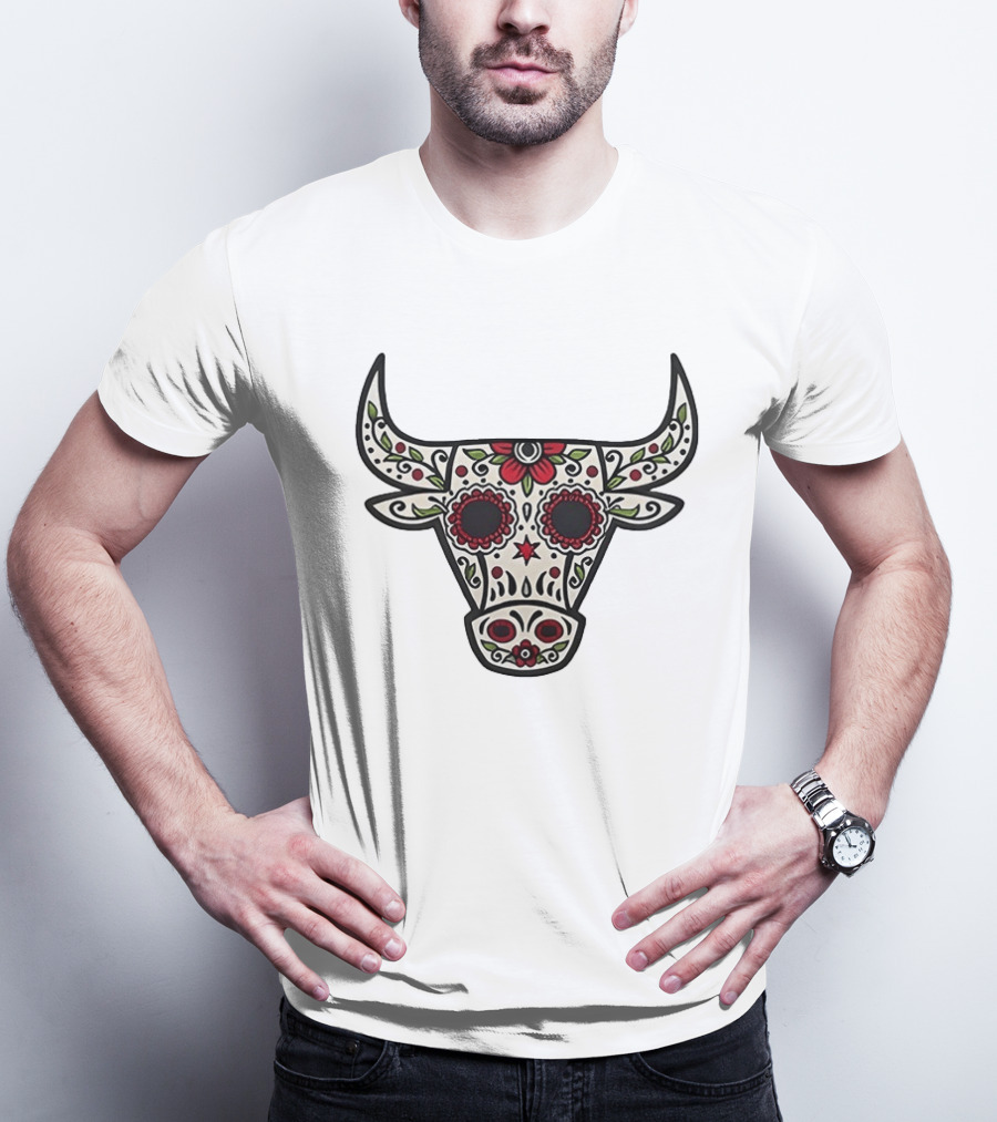 Sacred Bull Sugar Skull Floral Motif T-Shirt