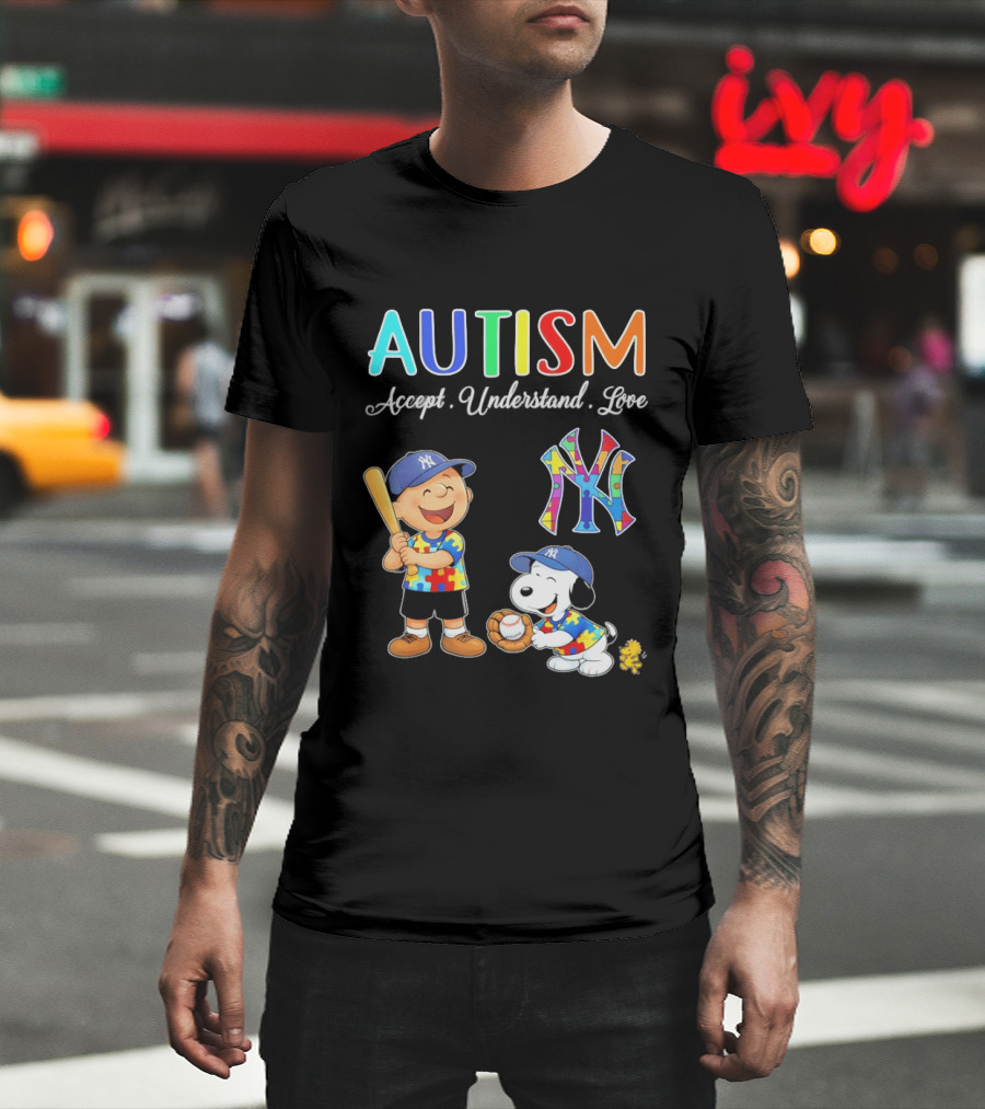 Charlie Brown Snoopy New York Yankees Autism Accept Understand Love T-Shirt