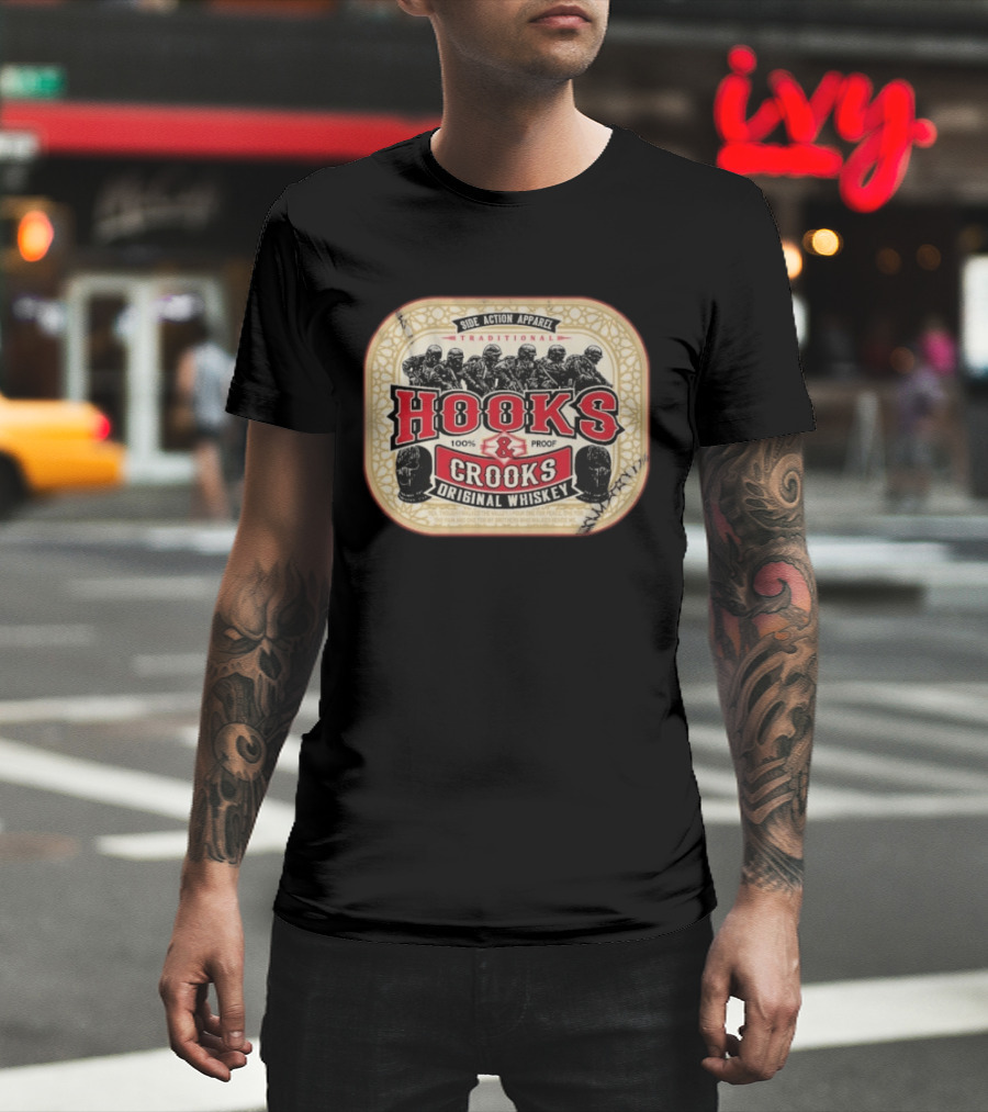 Side Action Apparel Traditional Hooks Crooks Original Whiskey 100 Proof T-Shirt
