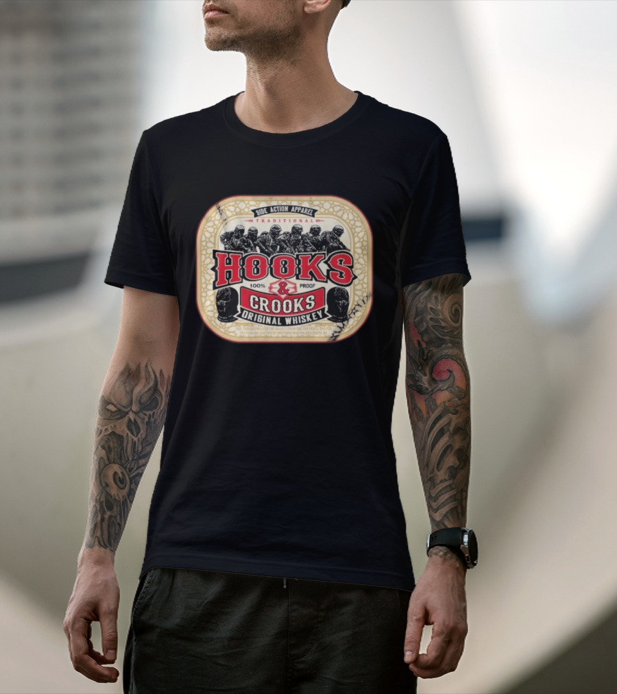 Side Action Apparel Traditional Hooks Crooks Original Whiskey 100 Proof T-Shirt