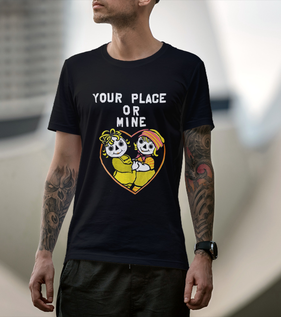 Your Place Or Mine Romantic Cartoon Couple In Heart T-Shirt