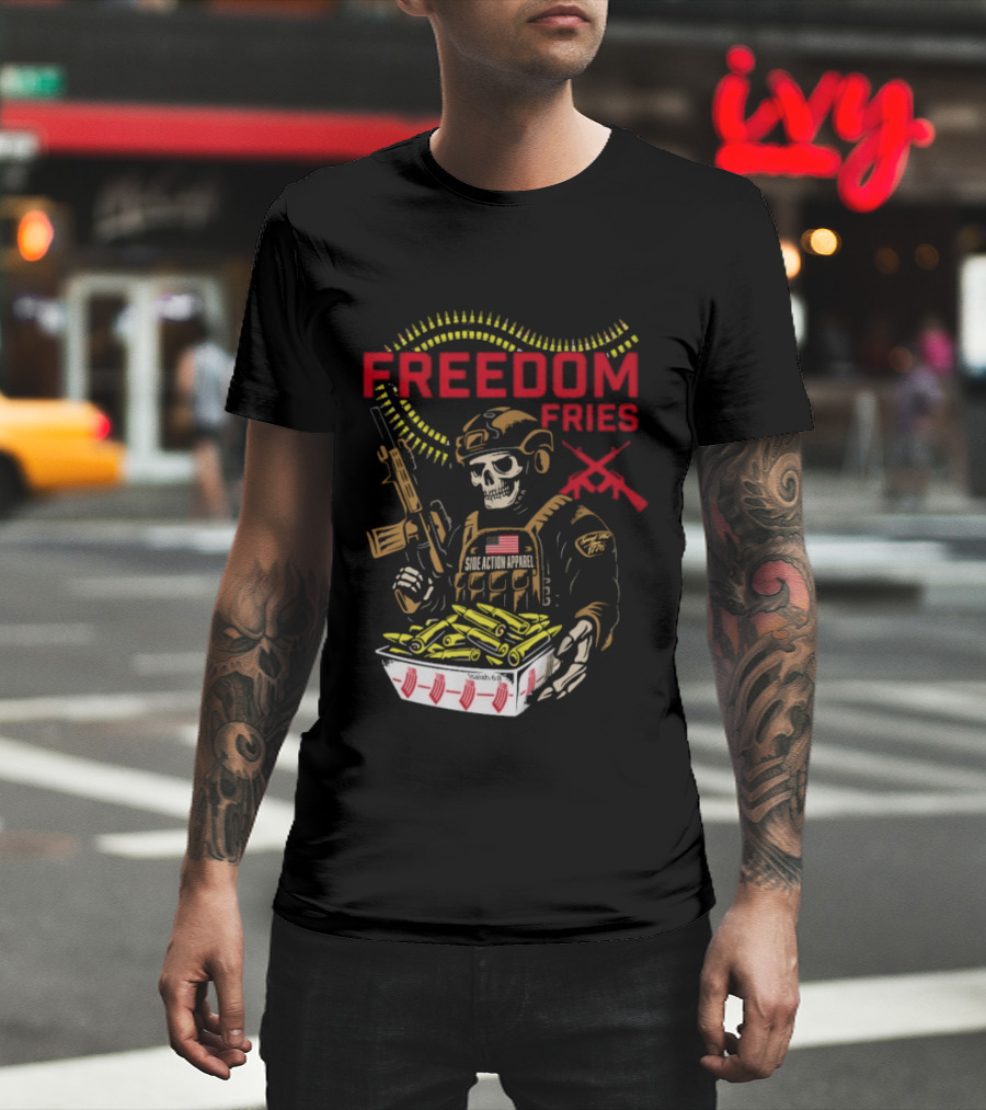 Freedom Fries Military Skeleton With USA Flag And Rifle T-Shirt